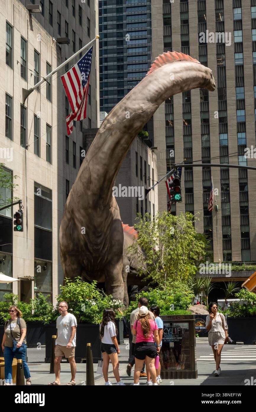 A "Jurassic World Rebirth" promotion in Rockefeller Center features a ...