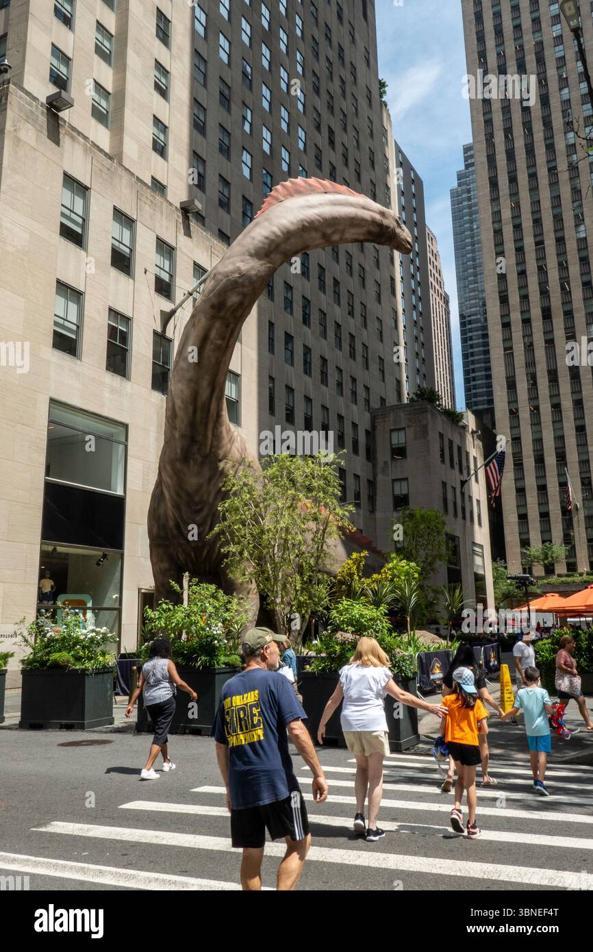 A "Jurassic World Rebirth" promotion in Rockefeller Center features a ...