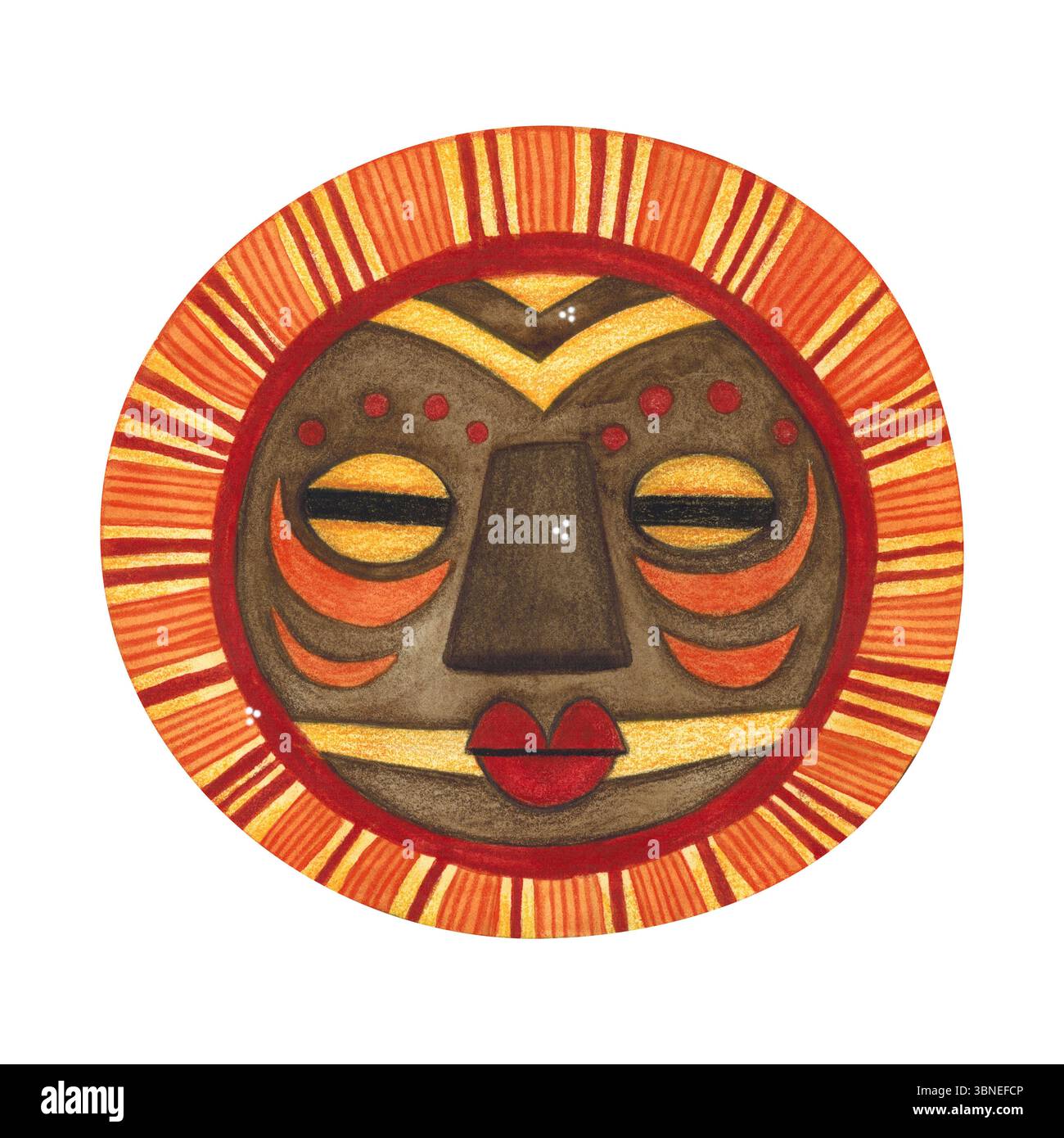 African round brown mask with bright color pattern. Watercolor ...