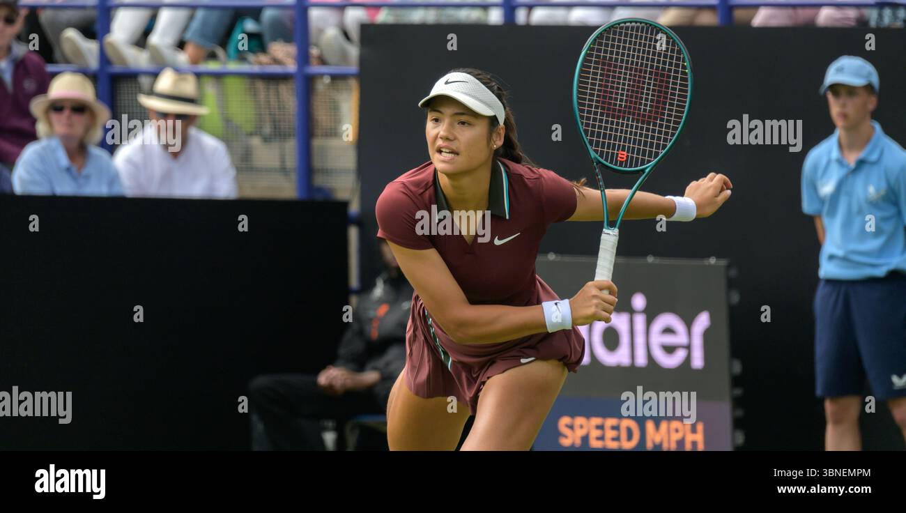 Emma Raducanu (GBR) playing on centre court in the first round on the ...