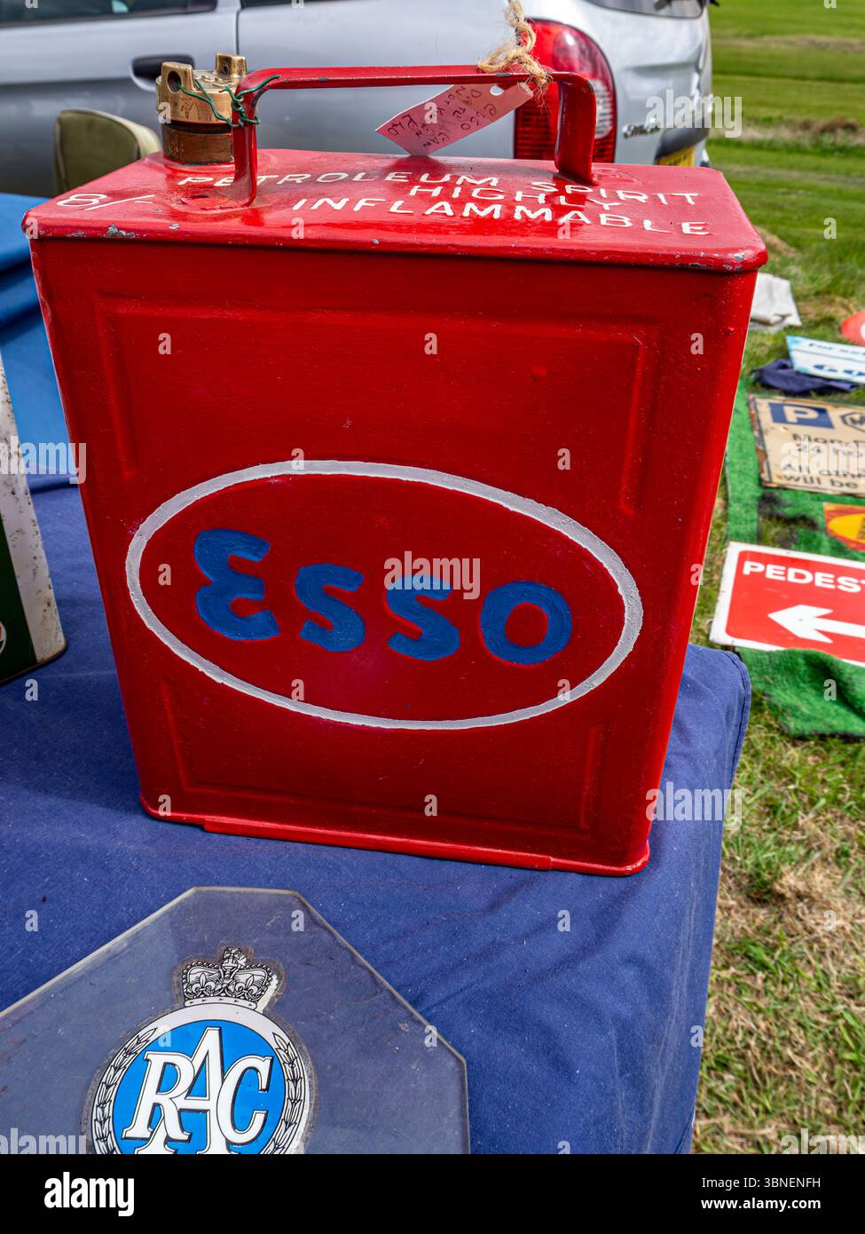 Historic Vintage Esso automotive can, old restored Oil can Stock Photo ...