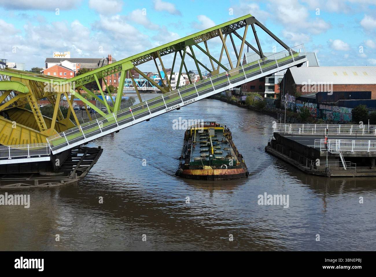 aerial view of Drypool Bridge, bridge over the river Hull, Scherzer rolling lift bascule bridge ...