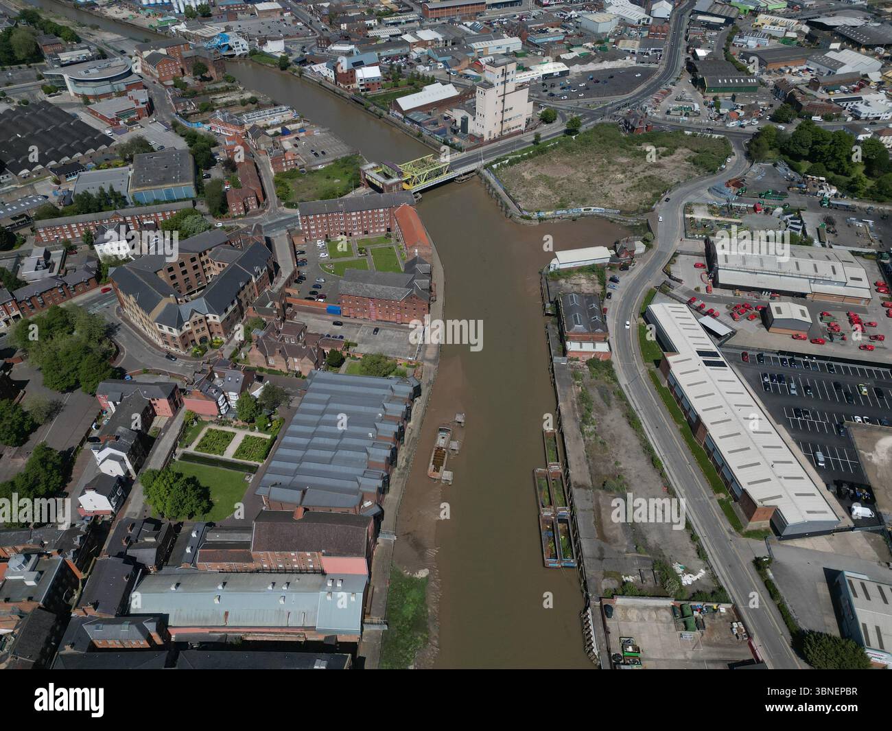 aerial view of Drypool Bridge, bridge over the river Hull, Scherzer rolling lift bascule bridge ...