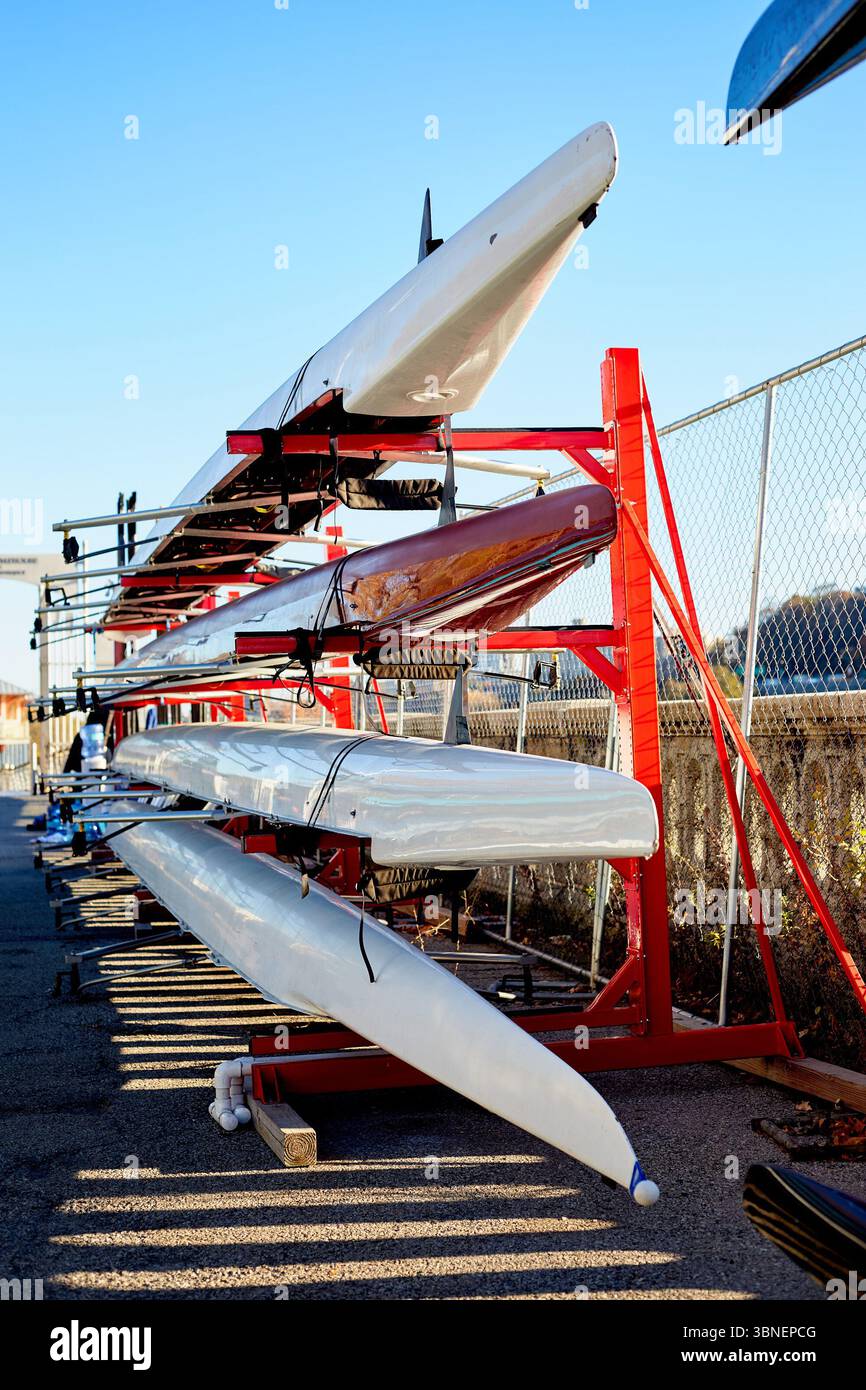 Group of Crew Rowing Boats on a Storage Rack Stock Photo - Alamy