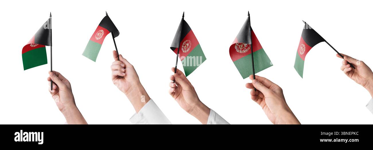 The Afghanistan flag in hand in different angles on a white background ...