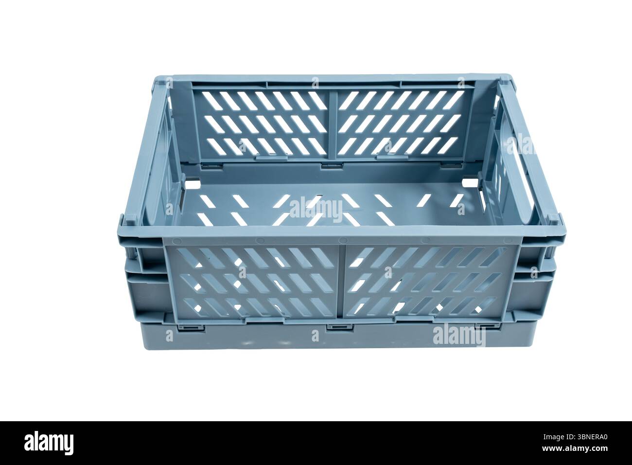 Empty plastic storage crate, photographed from an angle from above ...
