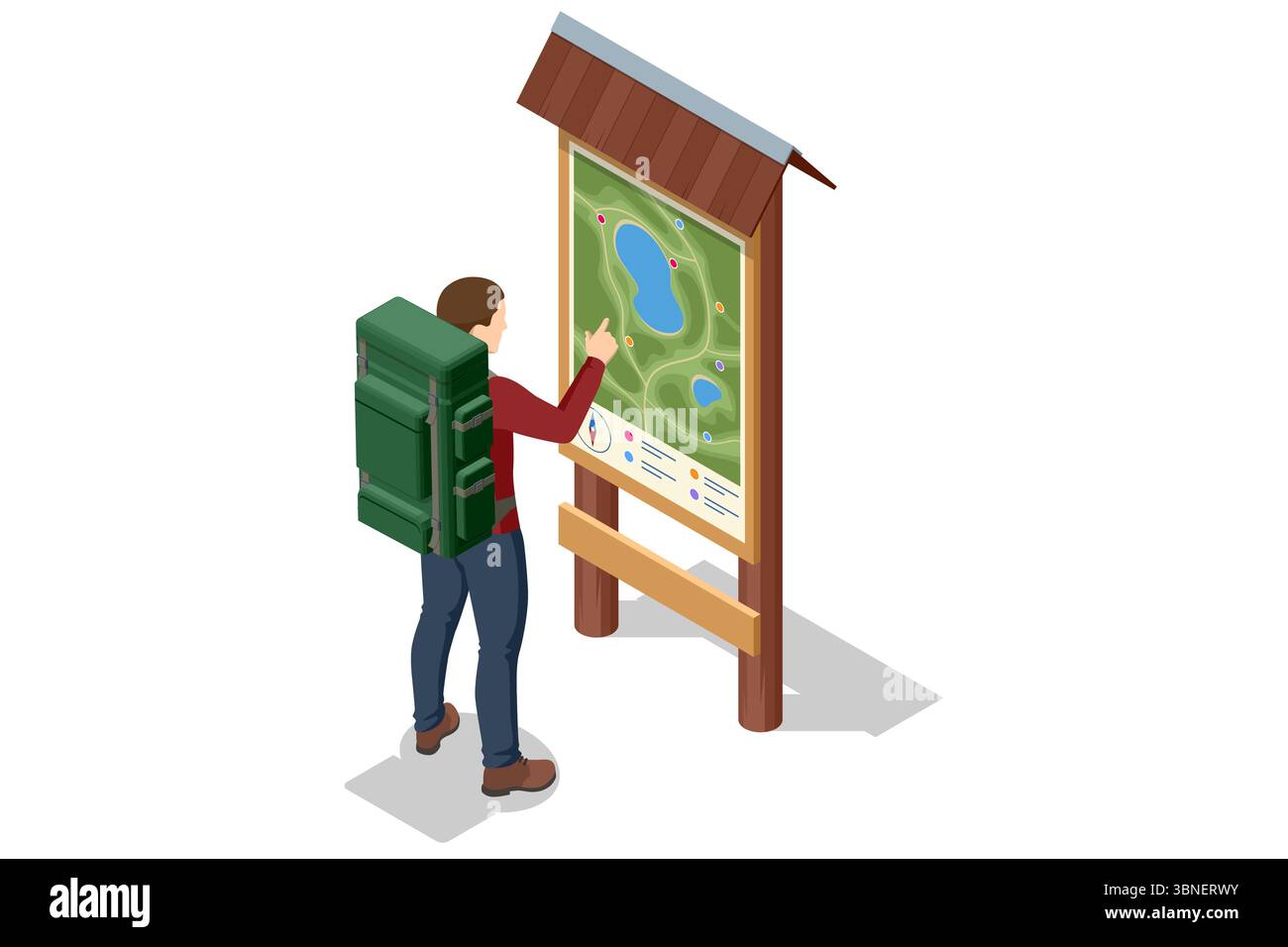 Isometric hiking scene. A backpacker chooses a direction at a trail ...