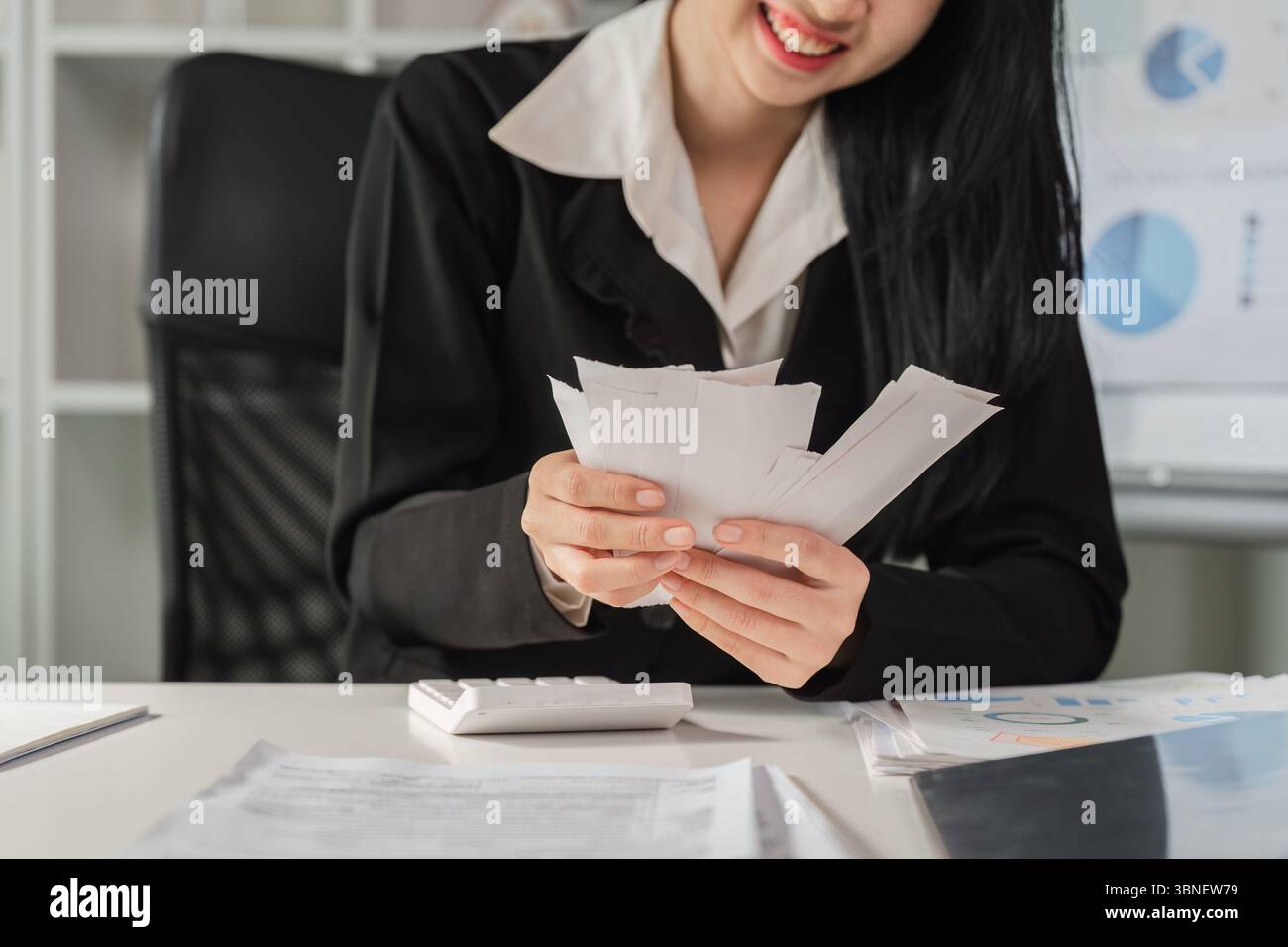 Financial organization and management. Woman smiling while sorting ...