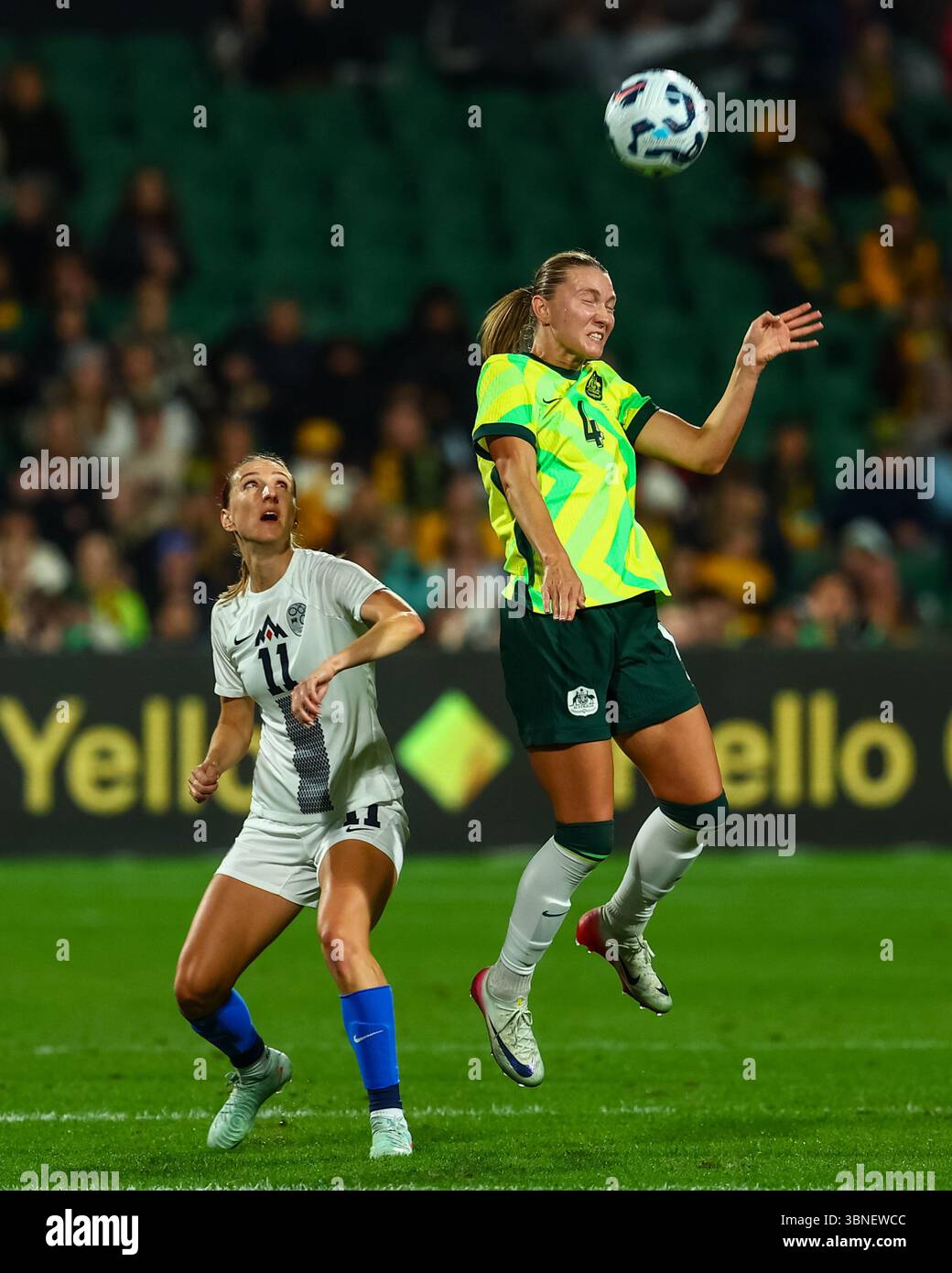 Clare Hunt (4 Australia) clear the ball with a header during the Women ...