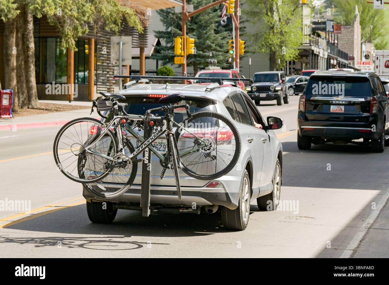 Jackson, Wyoming, USA - 27 May 2025: Car with a bike rack carrying ...