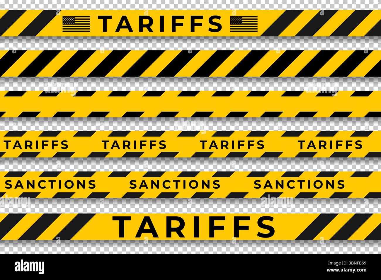 Set of seamless yellow and black striped warning tapes, words Tariffs ...