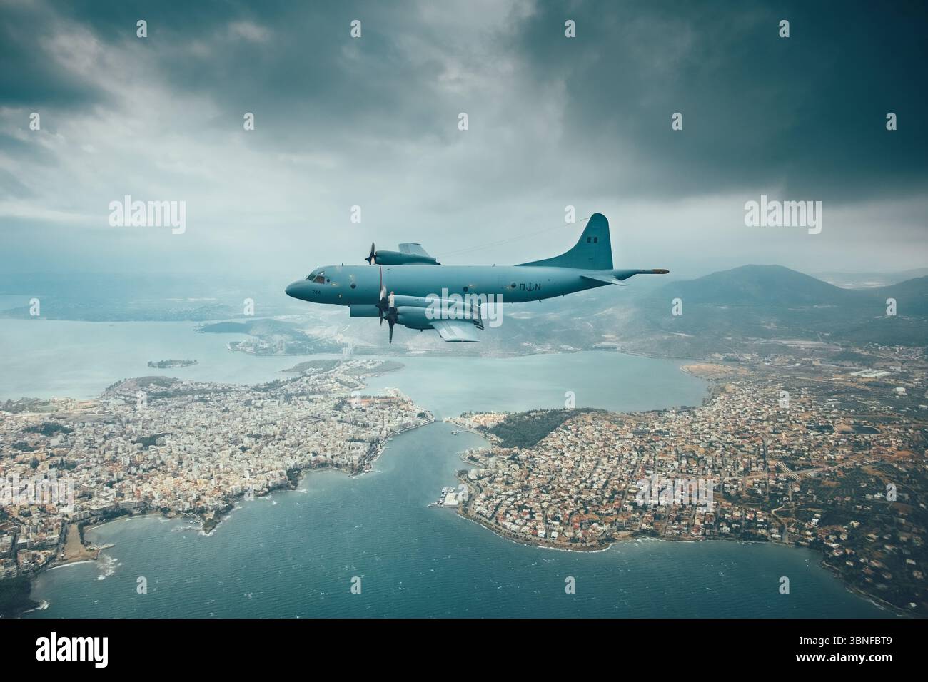 Lockheed P-3B-HN Orion serial 152744 from the Hellenic Navy is seen in level flight. Powered by ...