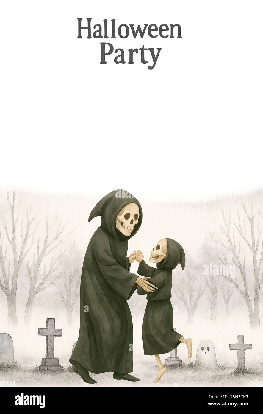 Halloween Party Poster – Grim Reaper and Child Skeleton in Graveyard ...