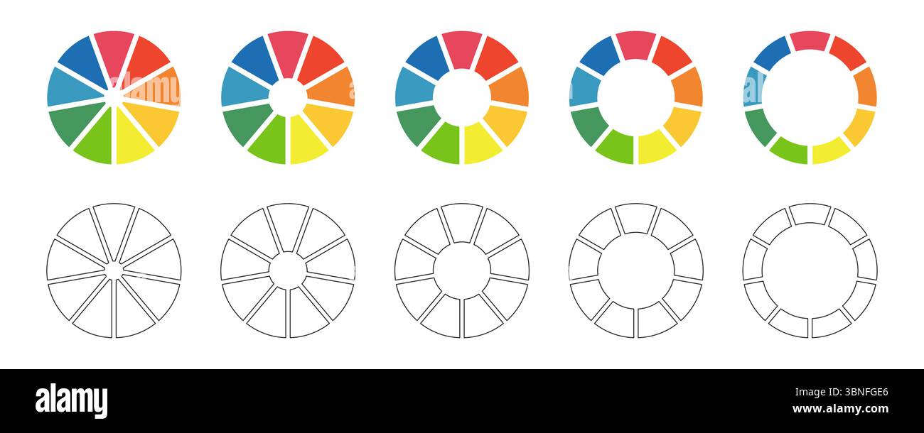 Donut charts set, pies segmented on 9 equal parts. Diagrams infographic multicolored collection ...