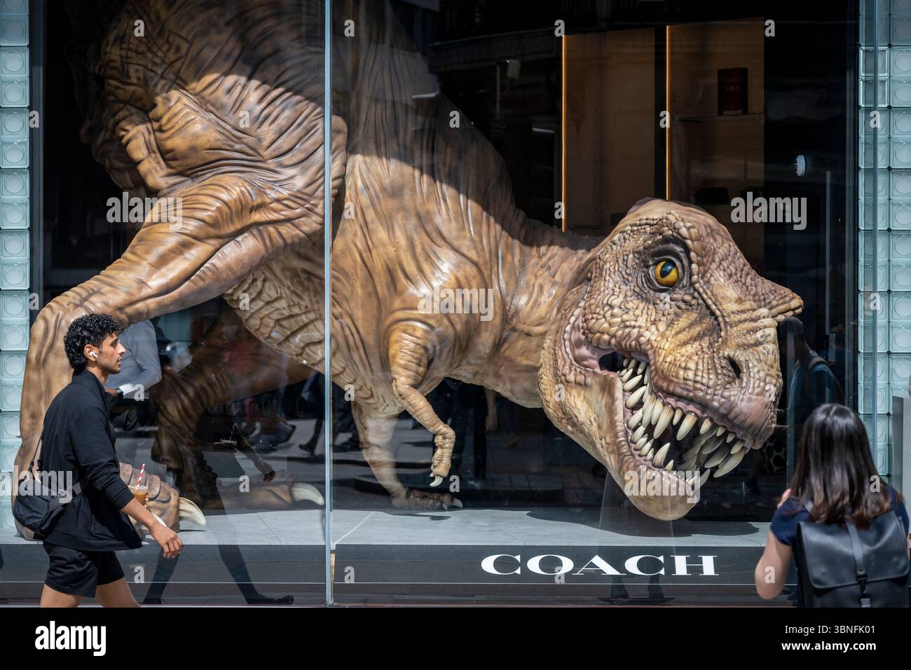 London, UK. 2 July 2025. People pass the T Rex dinosaur in the window ...