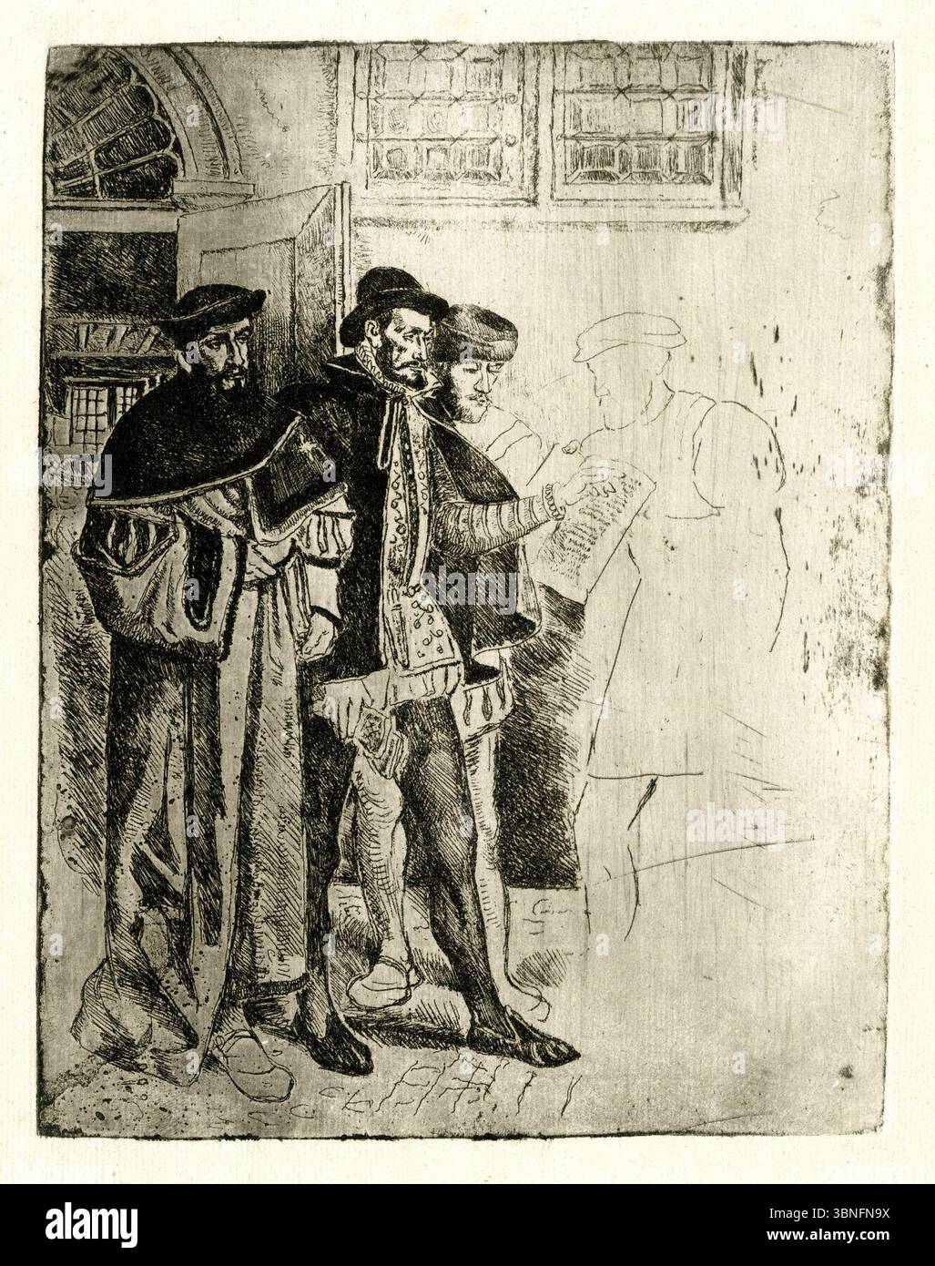 Leys - Three man in medieval costume standing in a hall receiving a ...