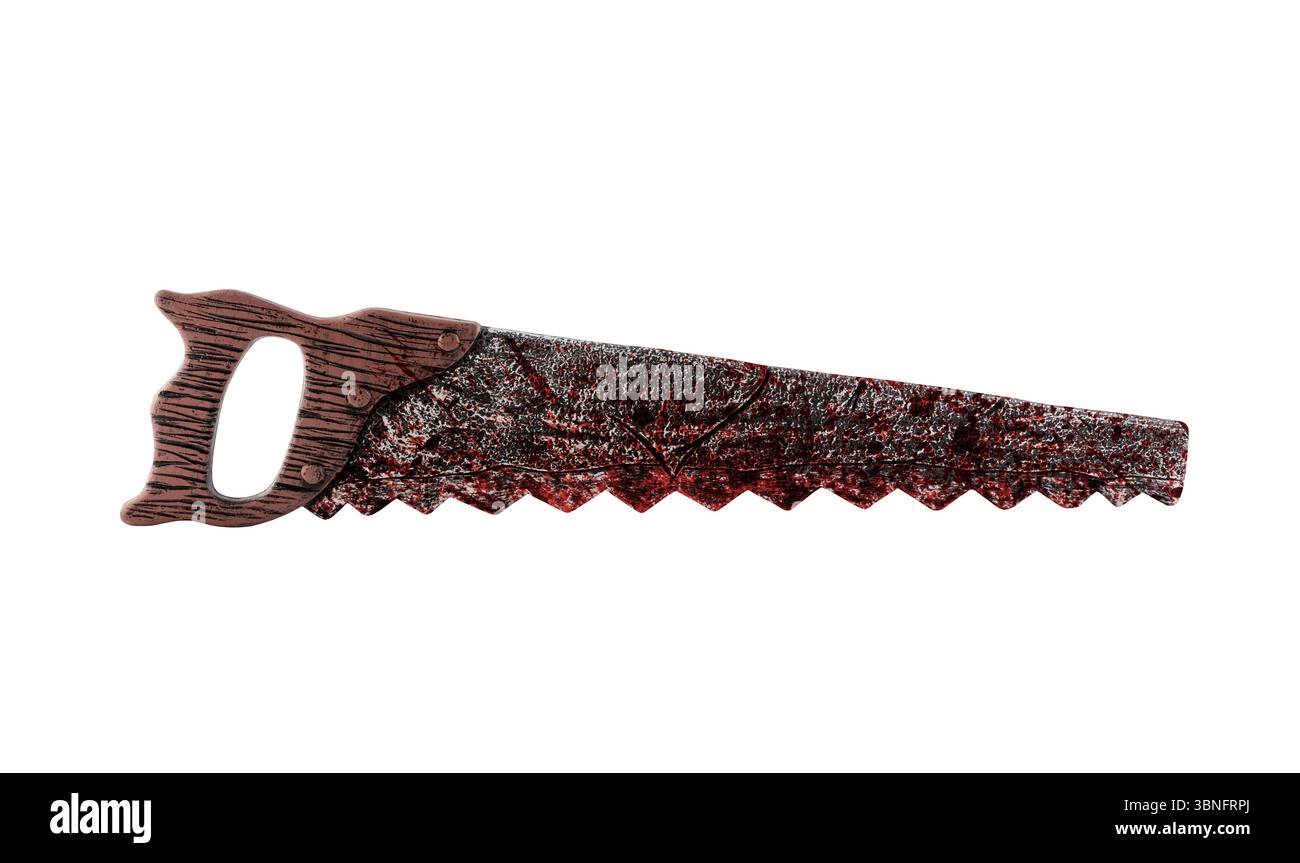 Old retro rusty handle saw in red blood isolated on white background ...