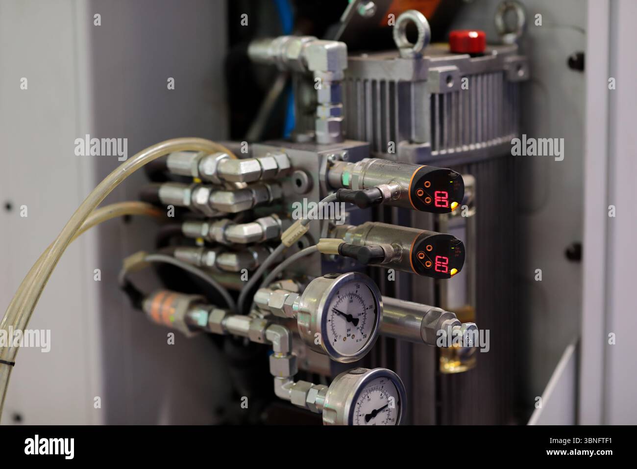 Hydraulic system of automatic industrial machinery. Selective focus ...