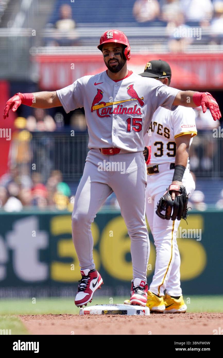 St. Louis Cardinals' Jose Fermin celebrates his double during the ...