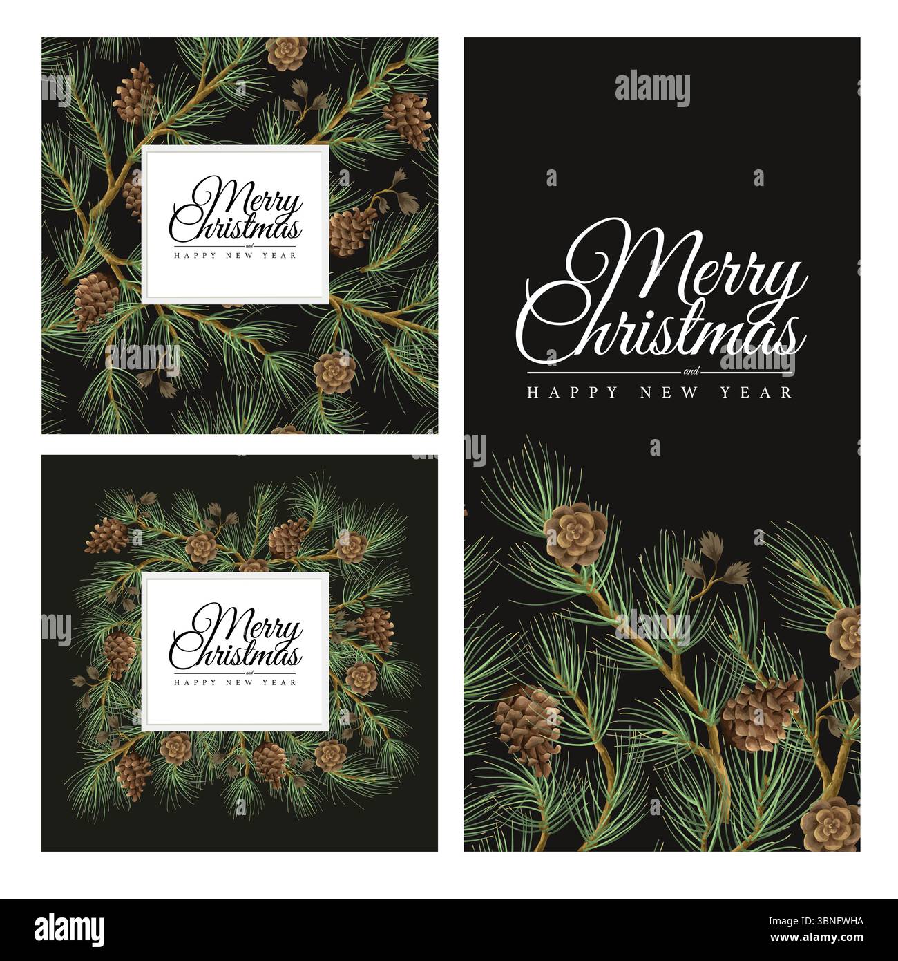 Elegant vector Christmas card templates featuring realistic pine ...