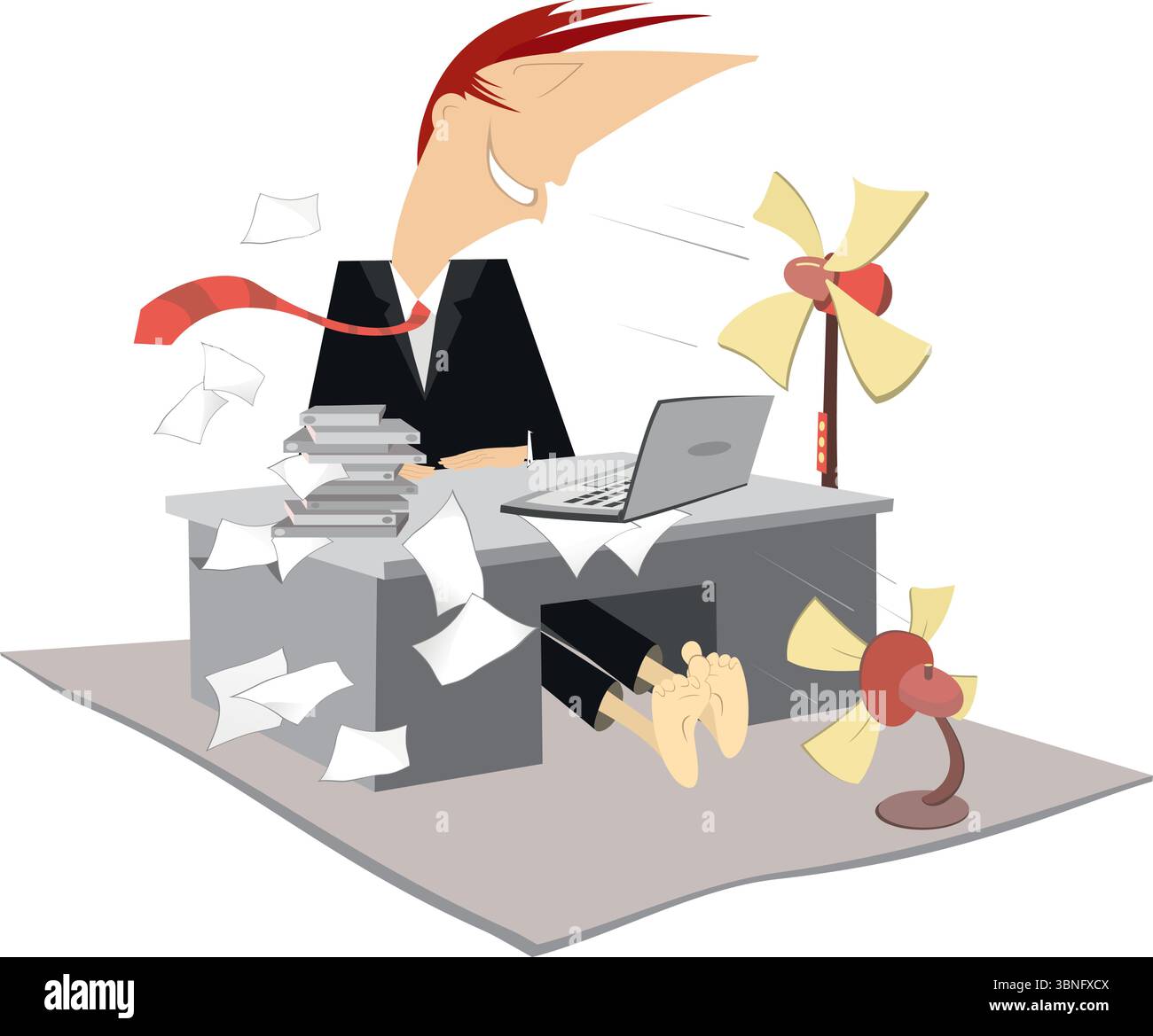 Heat in the office. Office, businessman, fans cooling air. Man in the ...