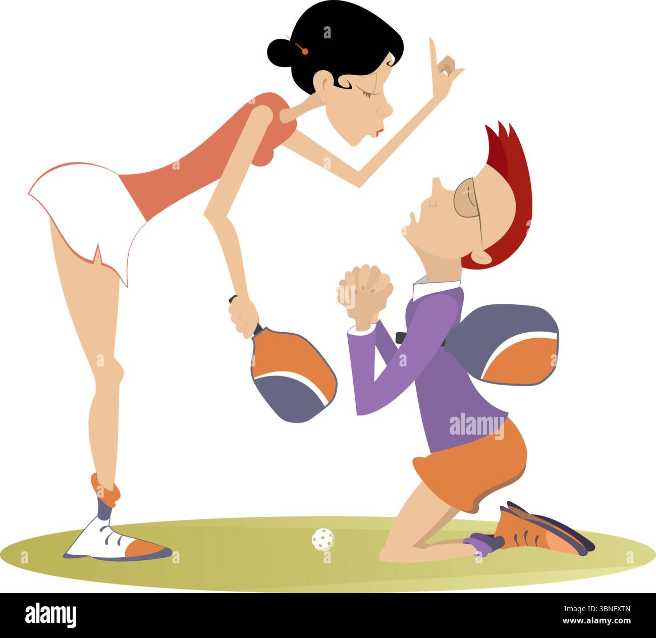 Couple pickleball players. Angry woman and upset kneeling man ...