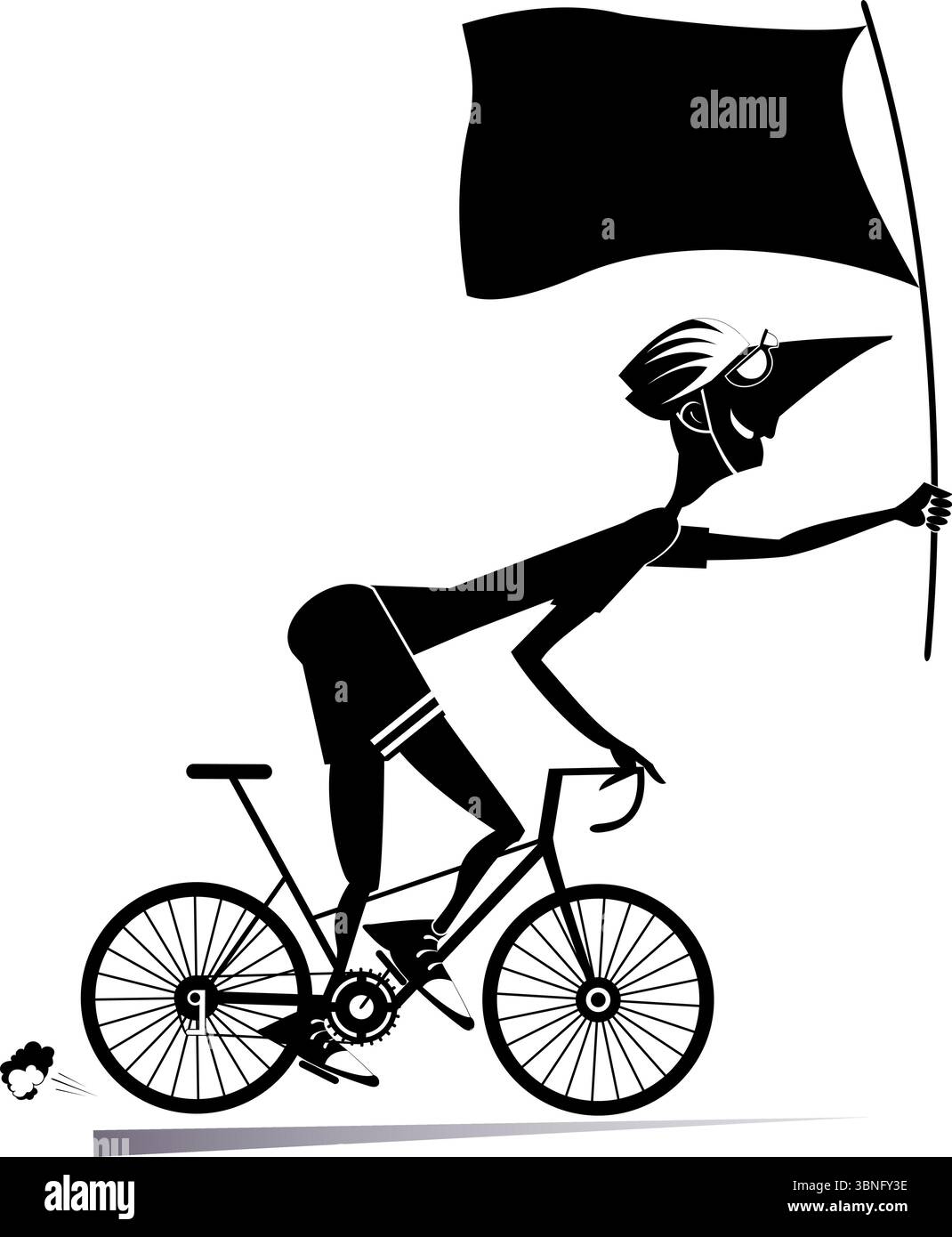 Cycling man with flag in the hand. Smiling young man in helmet and ...