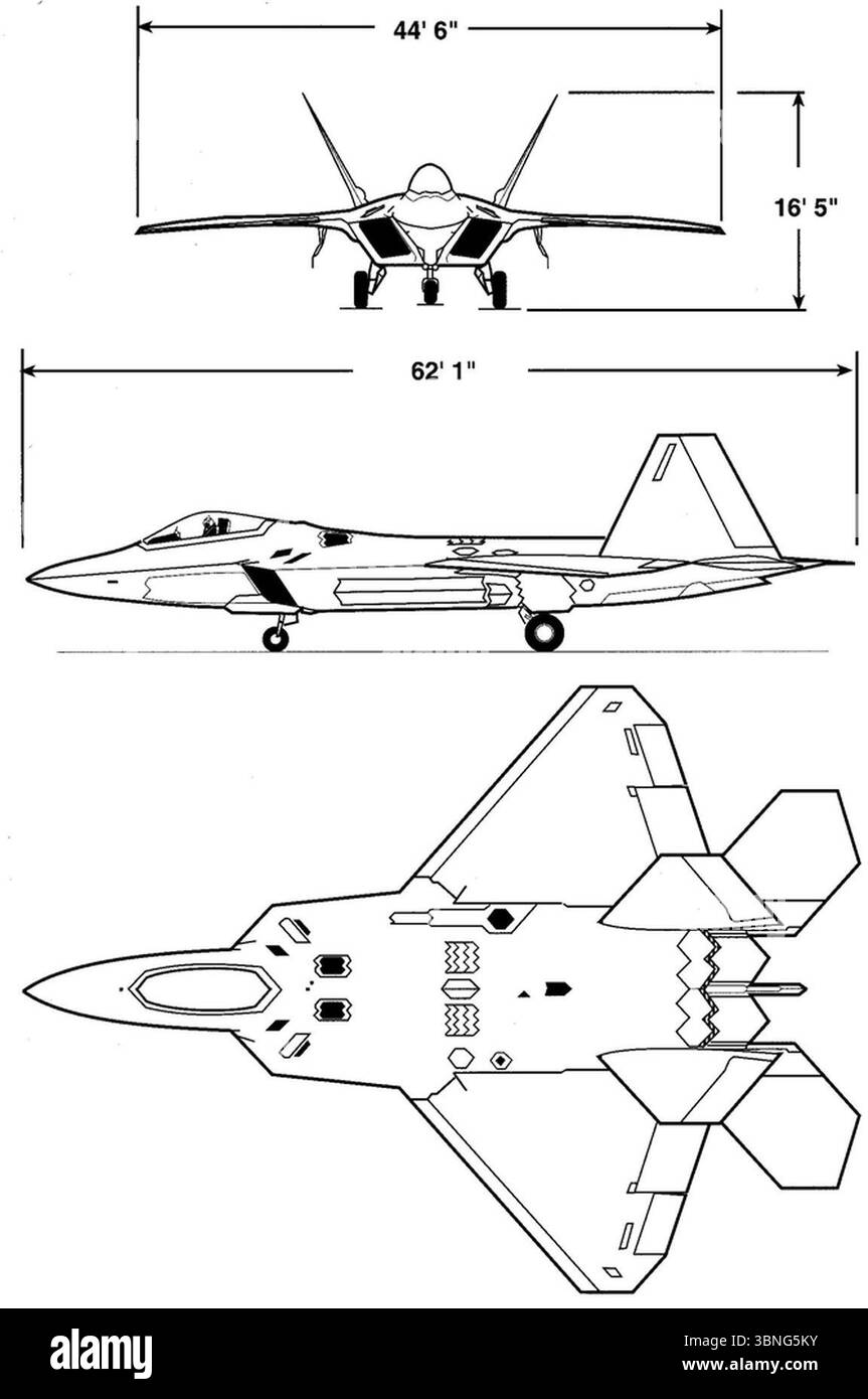 Lockheed Martin F-22A Raptor 3-view line drawing Stock Photo - Alamy