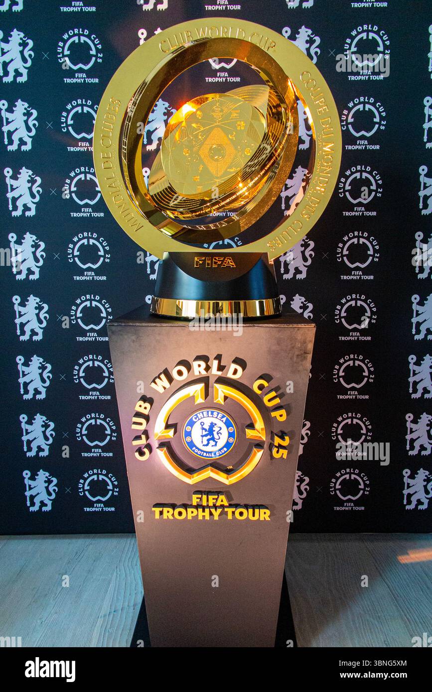 FIFA Club World Cup Trophy on display at Chelsea Football Club, prior ...