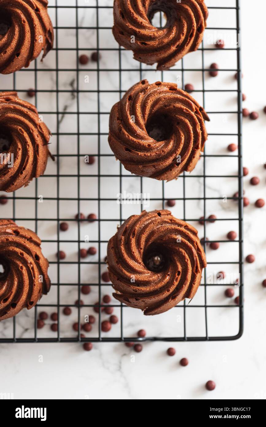 Mini chocolate bundt cakes on a cooling rack. Top view Stock Photo - Alamy
