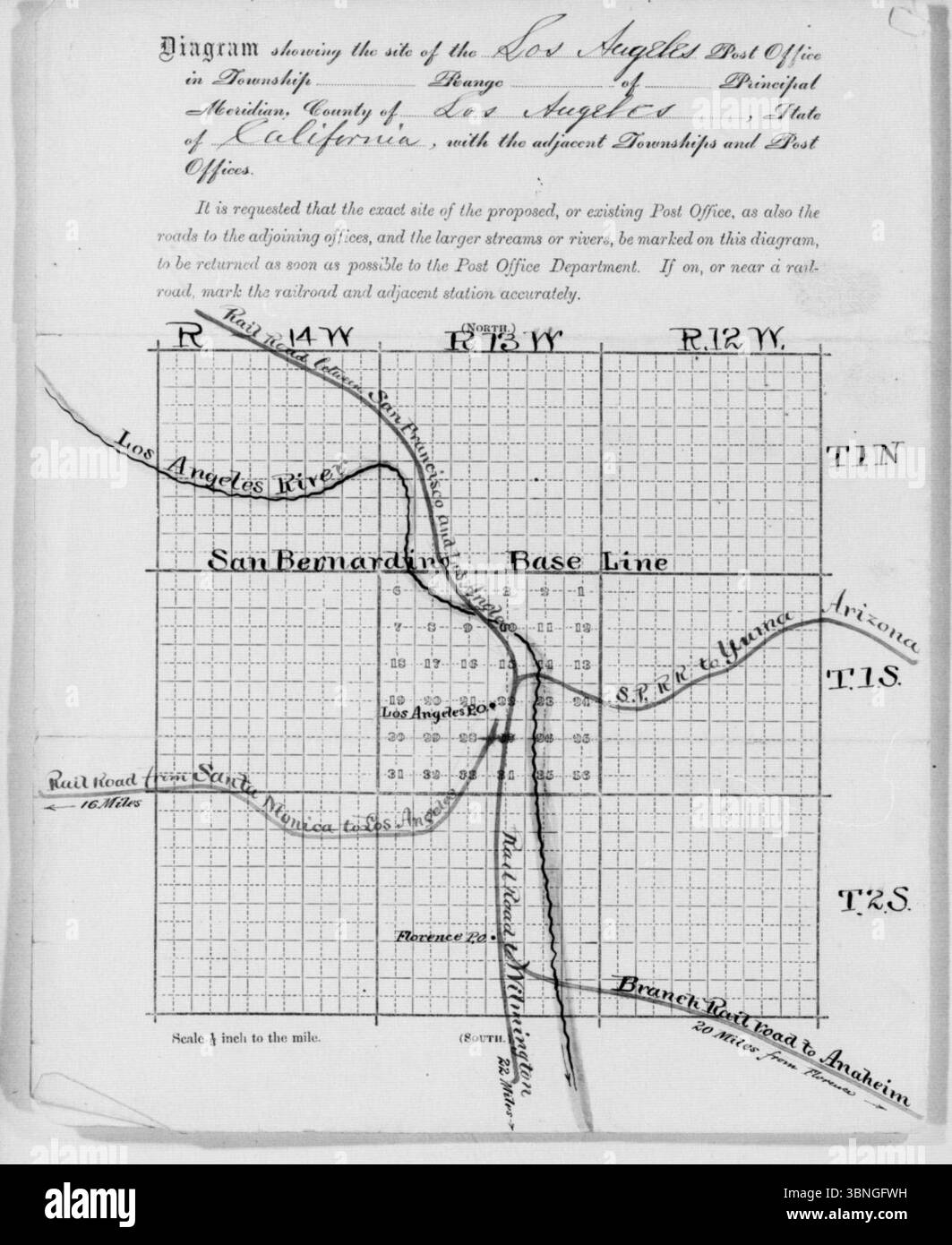 Los Angeles post office application 1880s showing rail lines and river ...