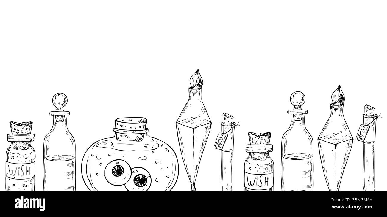 Vector frame, border, banner with Glass potion bottles with cork and ...
