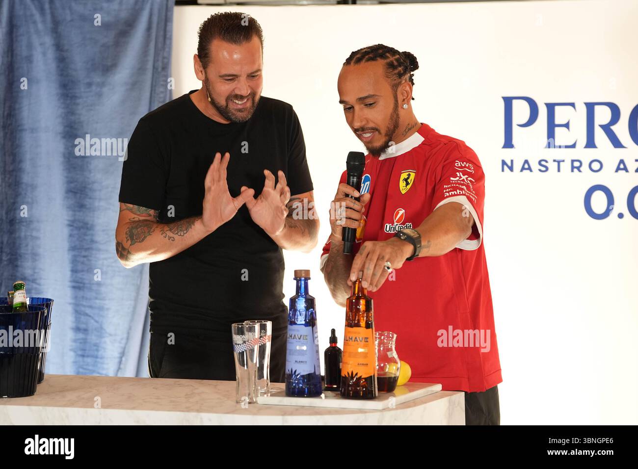 EDITORIAL USE ONLY Lewis Hamilton (right) attends The House of Peroni ...