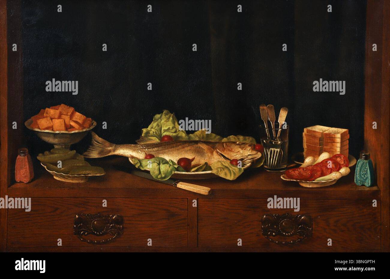 Louis P. Spinner - , Elaborate Dinner Still Life on Bookshelf with Fish ...