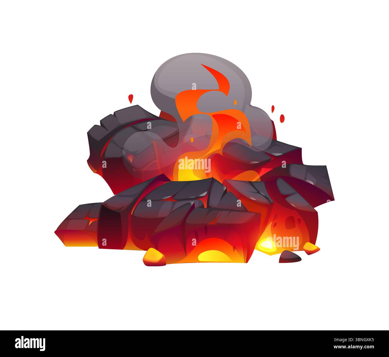 Cartoon fireplace charcoal, fire flame on burn ember coal piece and ash ...