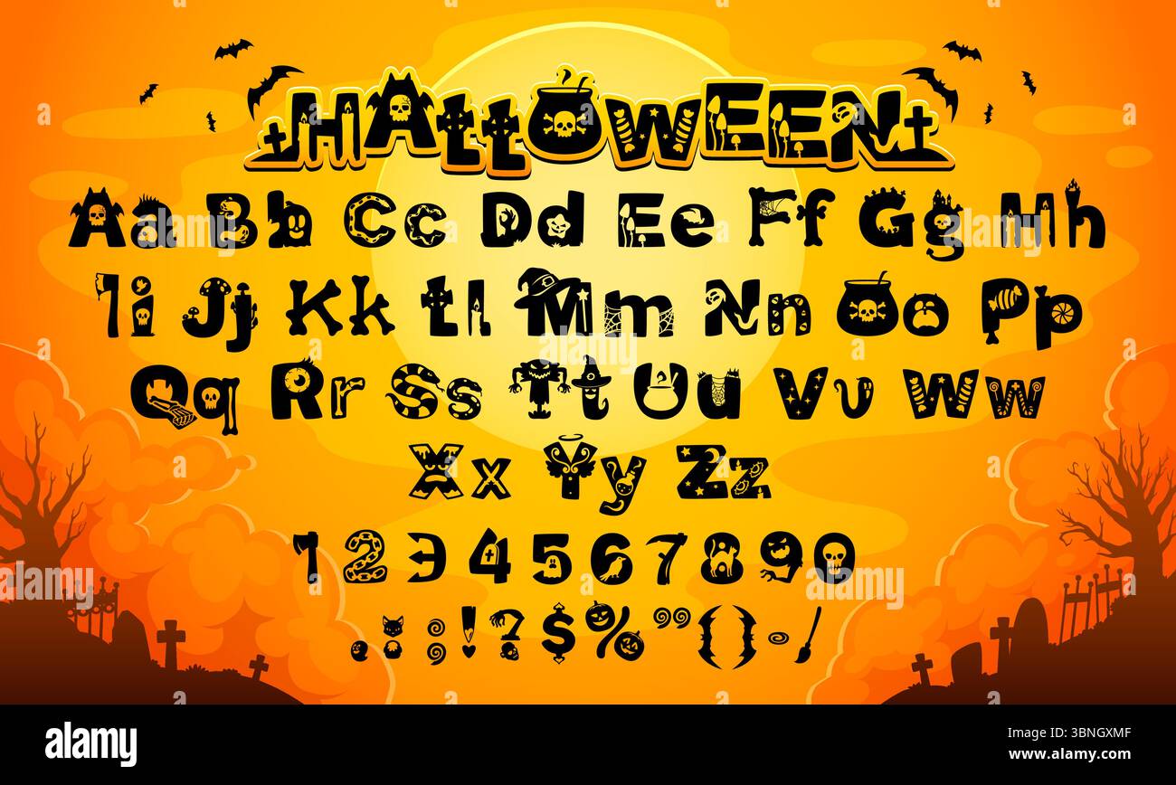 Halloween font, cartoon evil type, funny scary typeface, spooky alphabet of Helloween monster ...