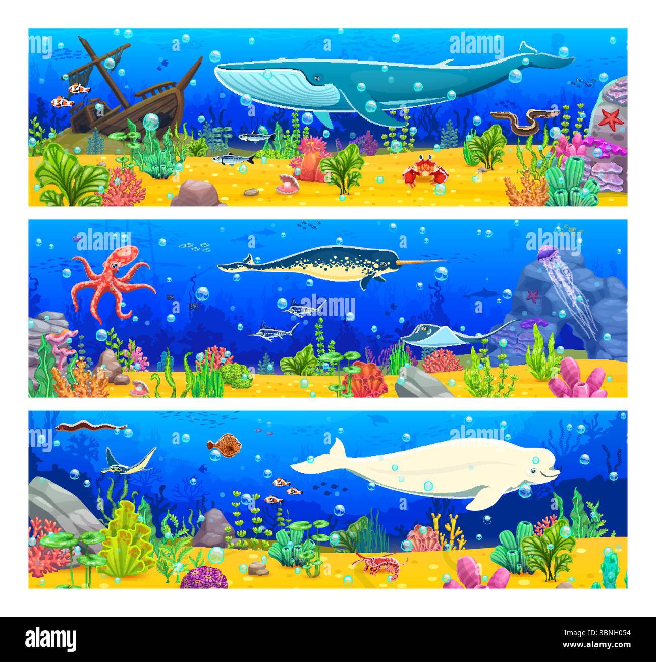 Game ocean underwater background with cartoon sea animal characters ...