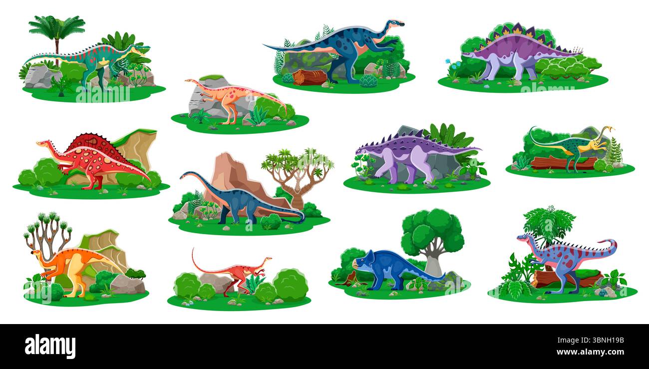 Prehistoric dinosaurs in their natural habitats. Vector scenes include ...