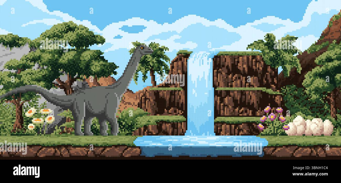 8bit pixel art prehistoric era landscape with dinosaur and dino eggs ...