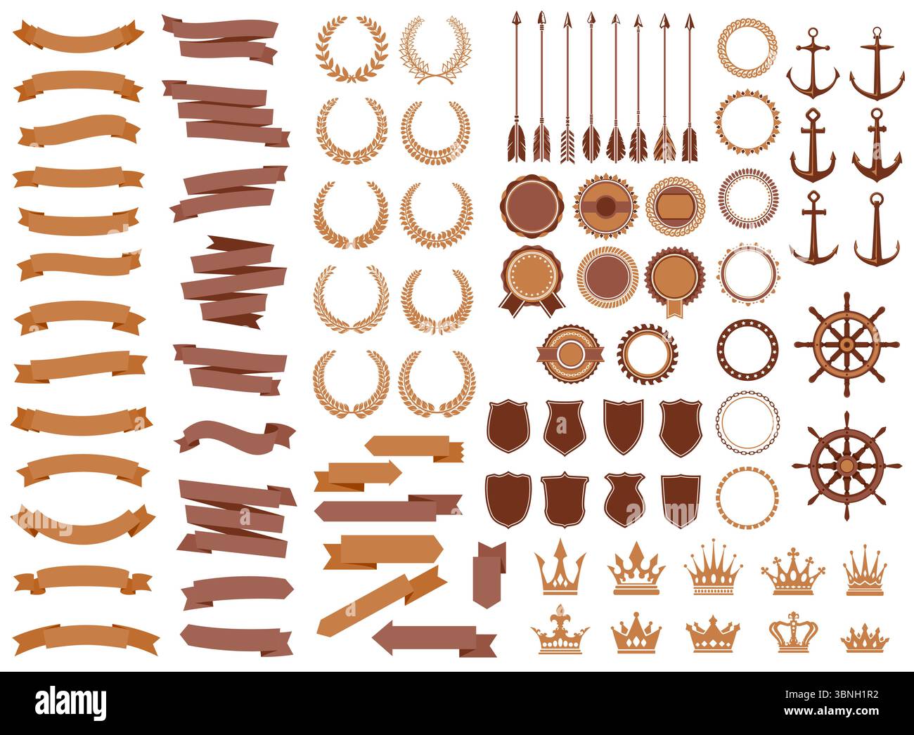 Retro vintage seal, ribbon and frame, anchor, wreath, arrow and crown ...