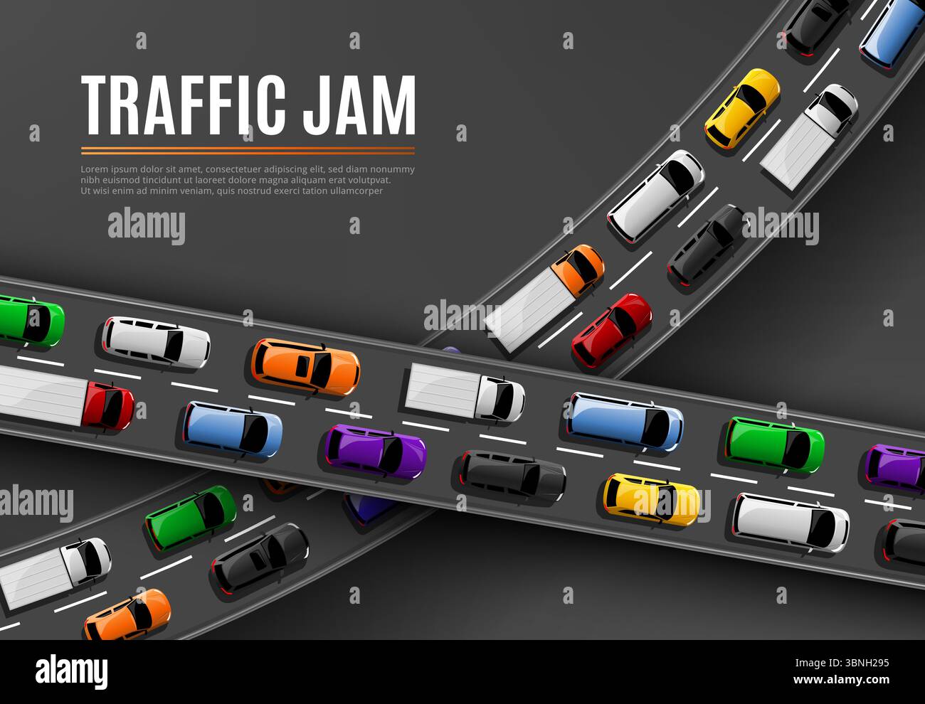 Traffic jam vector poster with cars driving on road top view. Rush hour in city, vehicles on two ...