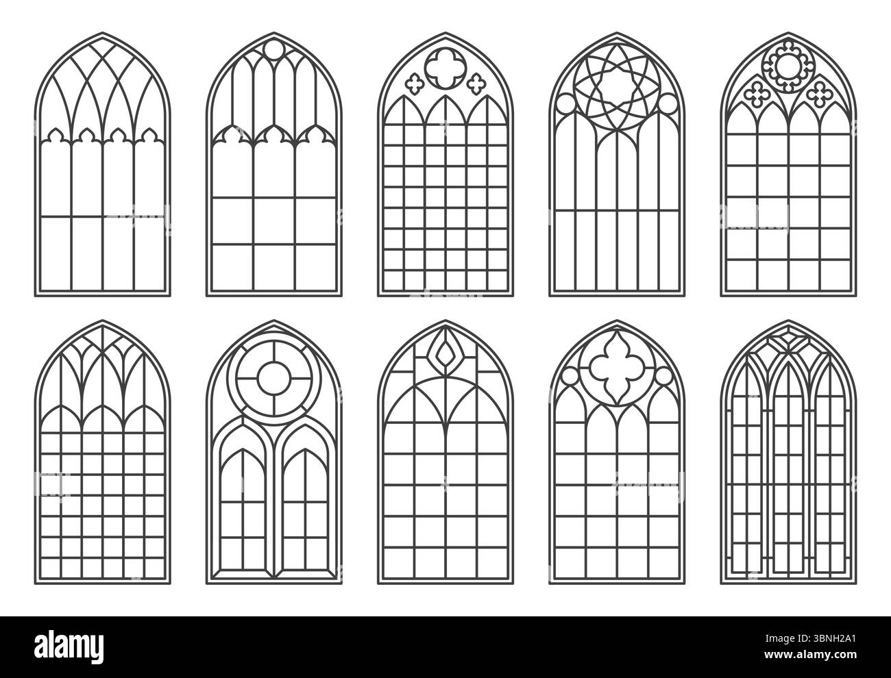 Gothic church glass windows and medieval castle arches. Isolated vector ...