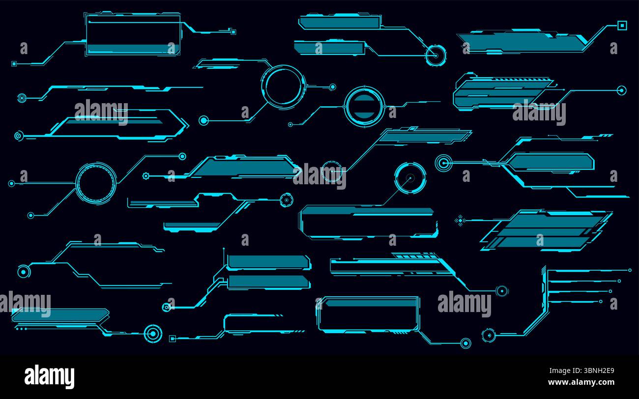 HUD futuristic display and screen, info boxes, ui interface. Vector neon glowing borders graphic ...