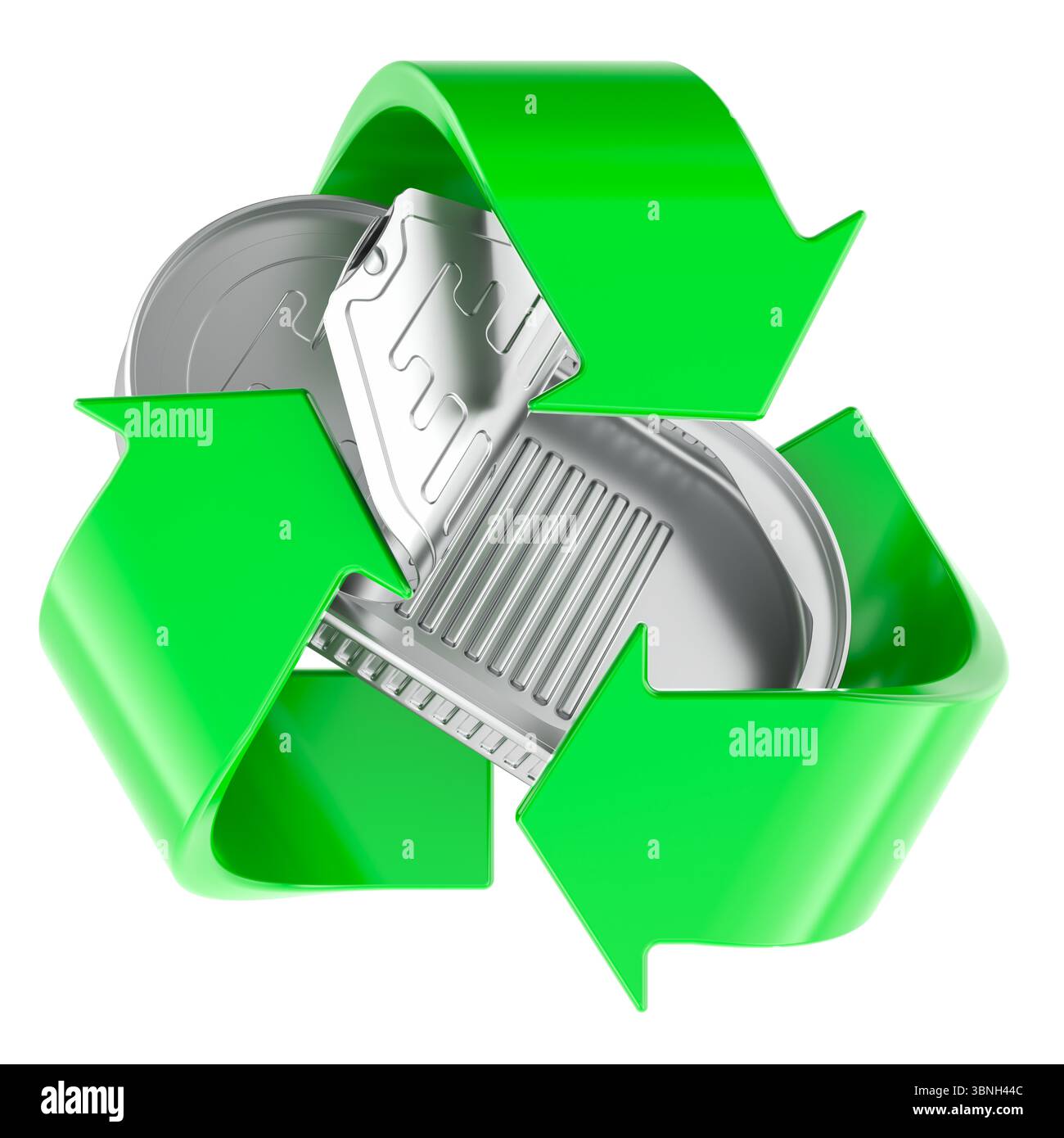 Tin can with recycling symbol. Metal recycling, concept. 3D rendering ...