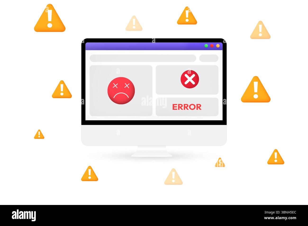 Errors appearing on the screen with yellow warning symbols floating around, background. Web page ...