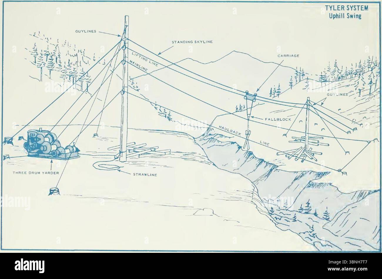 Tyler System of cable logging with uphill swing (1978 Stock Photo - Alamy
