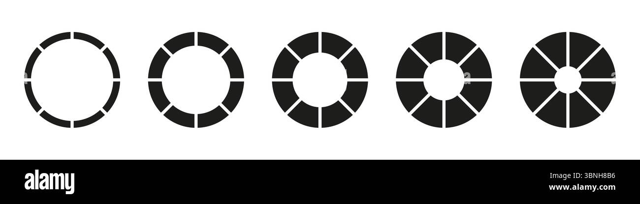 Wheels round divided in eight sections. Donut charts or pies segmented ...