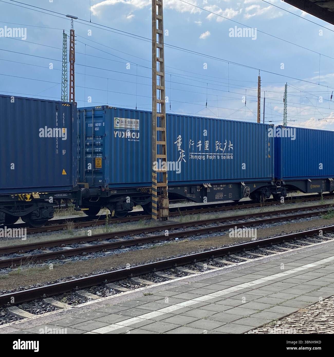 Freight train with blue intermodal shipping containers standing on ...