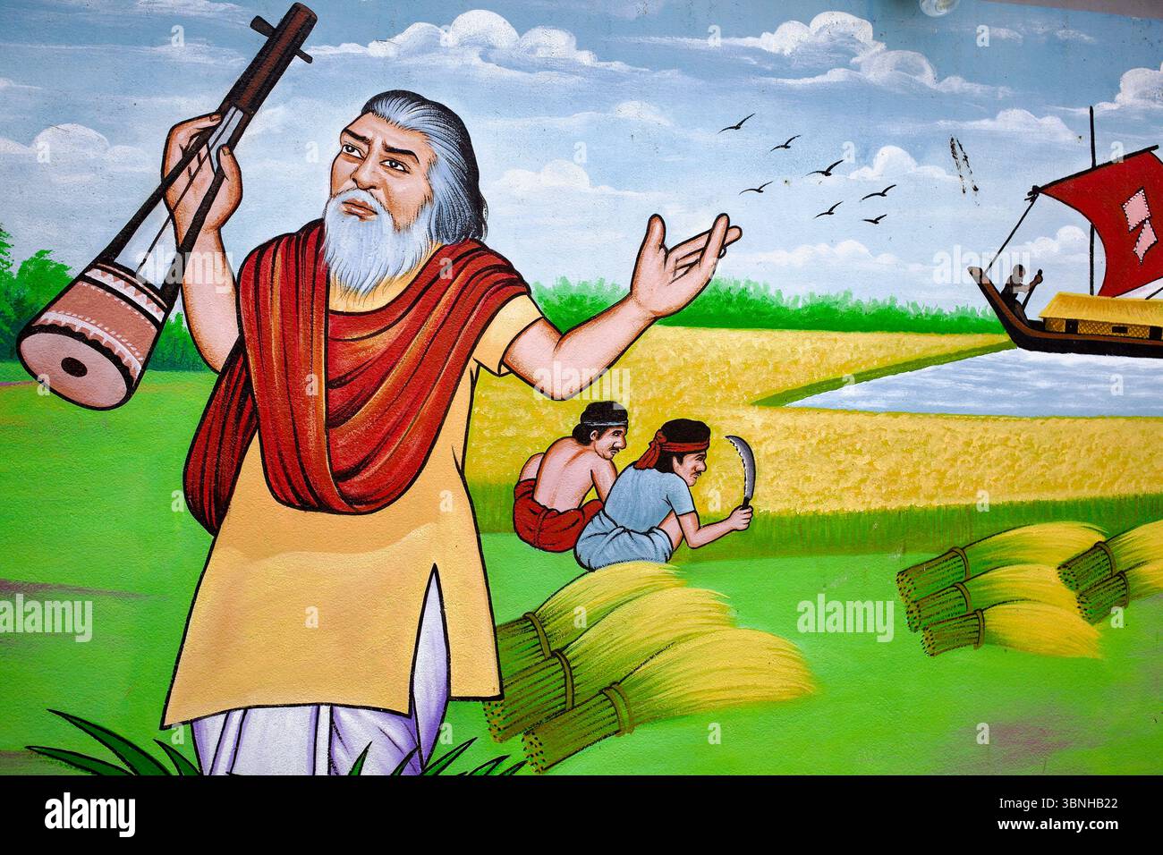 Mural in Rangpur showing a Baul singer, paddy harvesters, and a boat on the river, depicting an ...