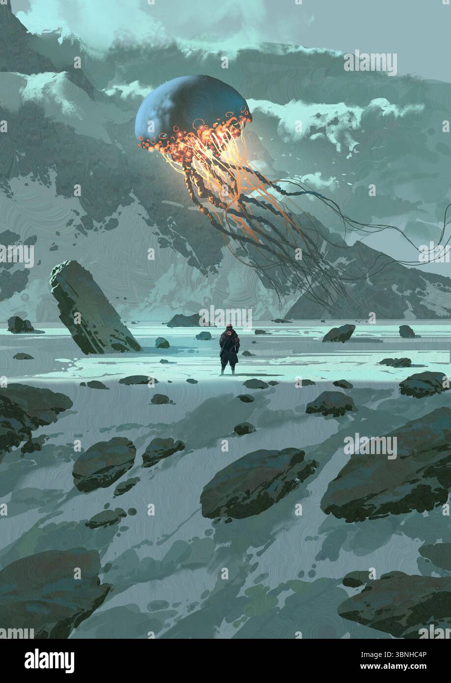 A solitary figure stands in a snowy, rocky tundra, gazing at a glowing ...